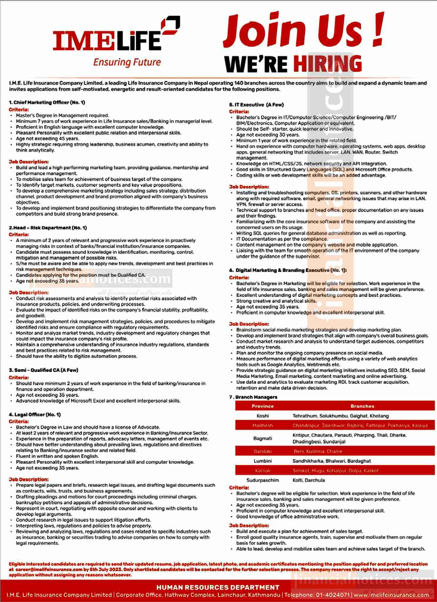 JOB VACANCY IME Life Insurance