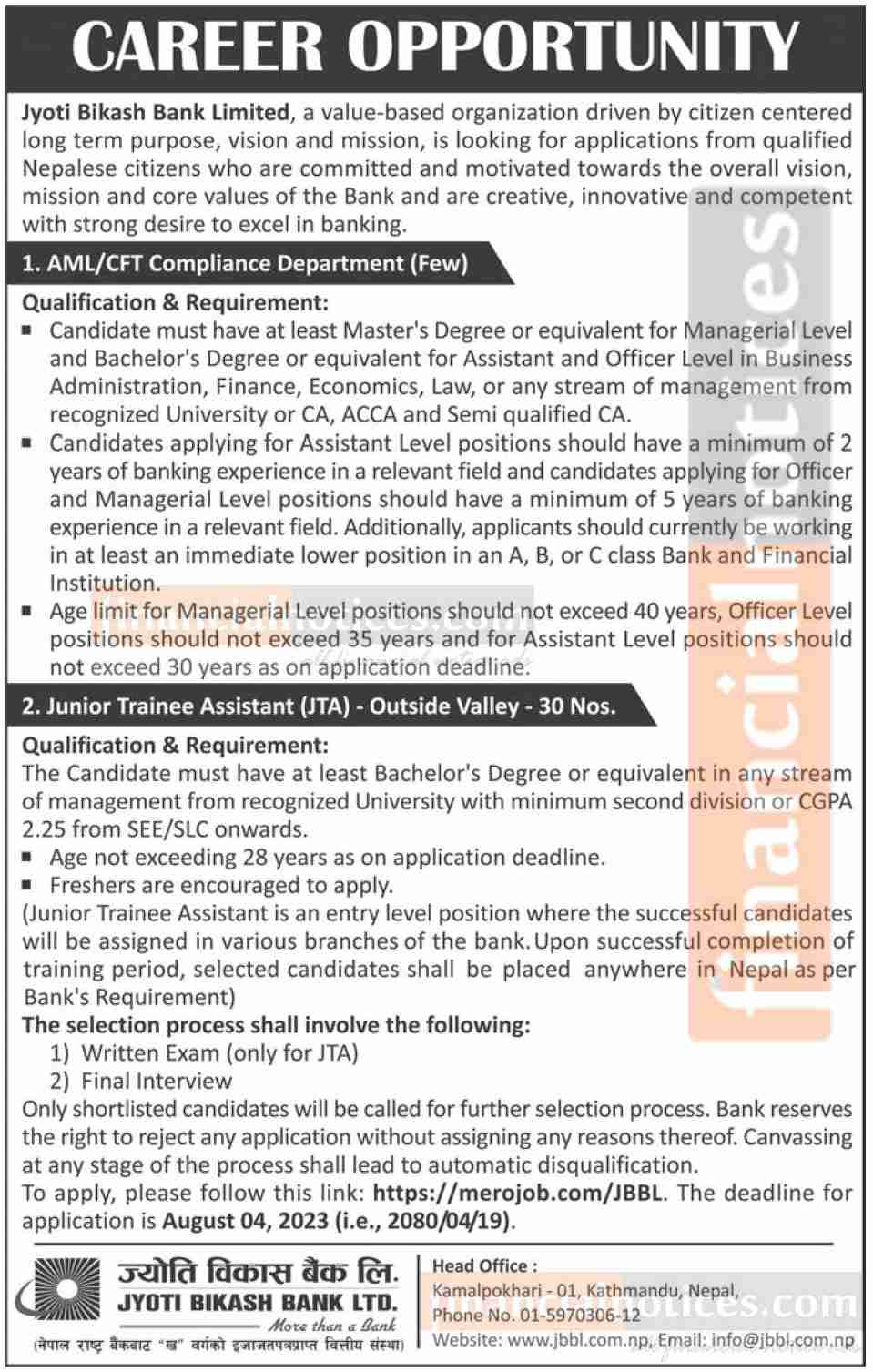 Jyoti Bikash Bank Limited Announces Job Openings for AML/CFT Compliance ...