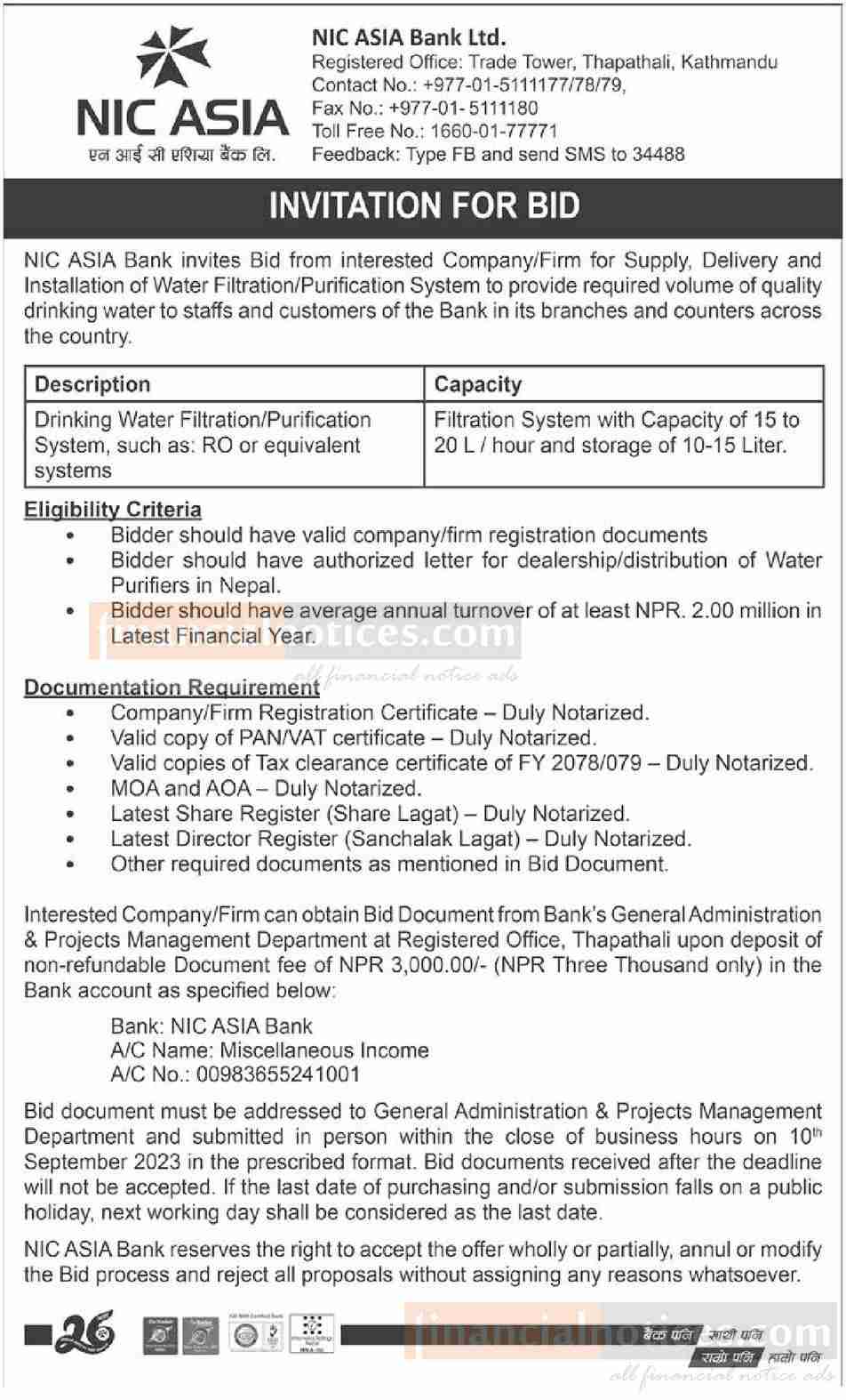 Invitation for Bids NIC Asia Bank