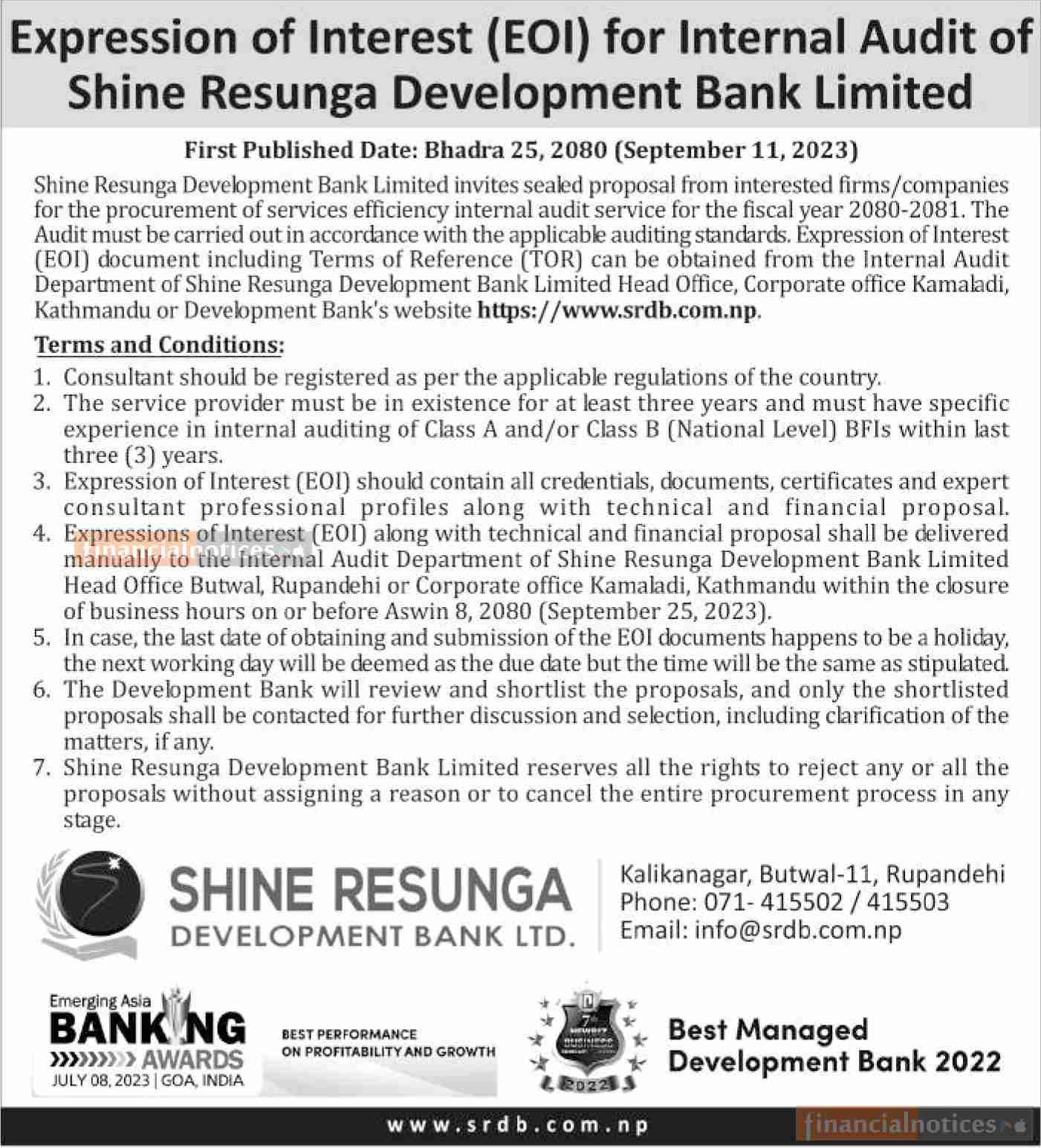 Expression of Interest (EOI) for Internal Audit Shine Resunga Dev Bank