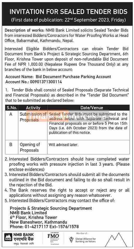 Invitation for Sealed Tender Bids NMB Bank Limited
