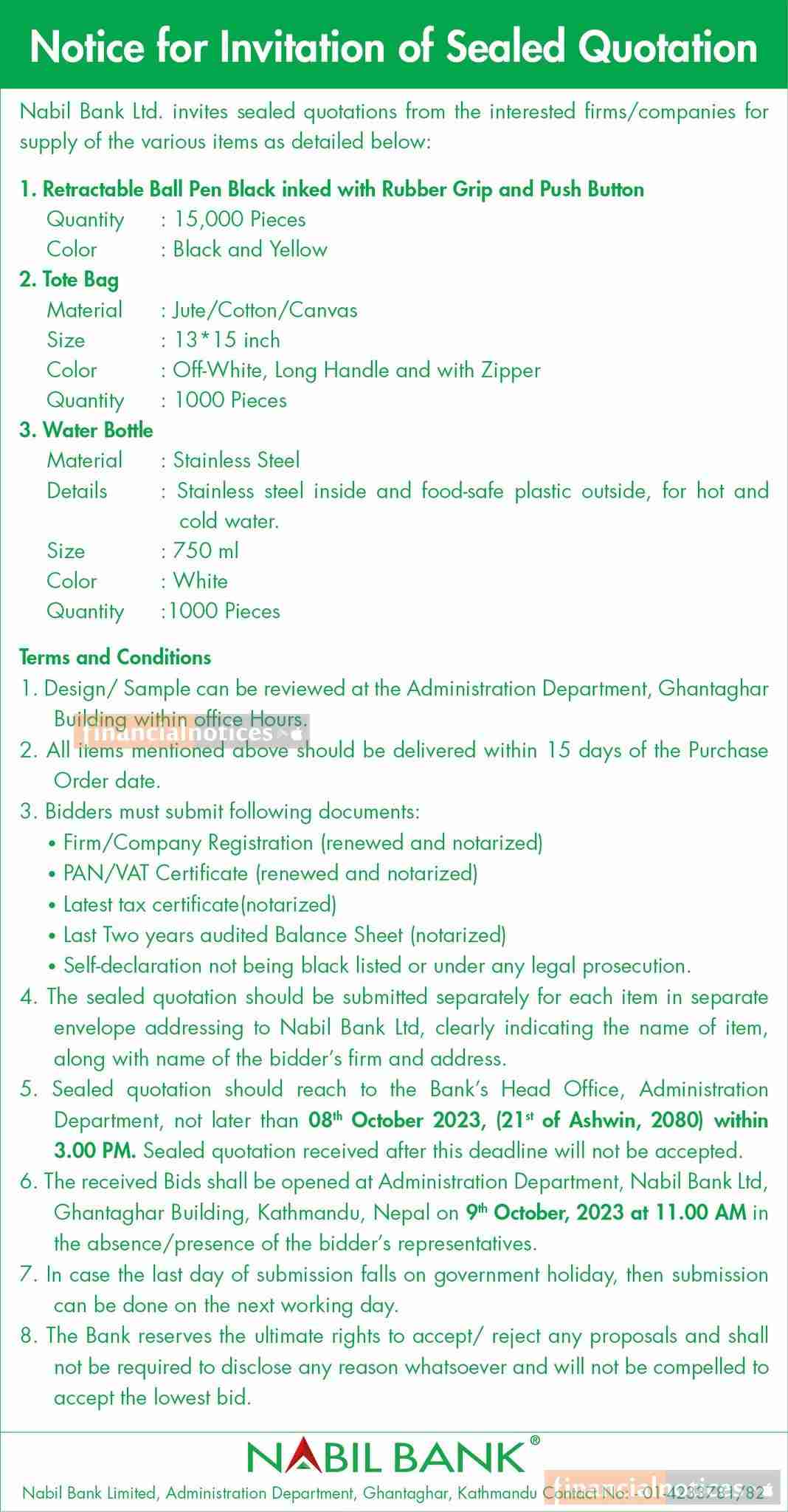 Notice for Invitation for Sealed Quotation Nabil Bank