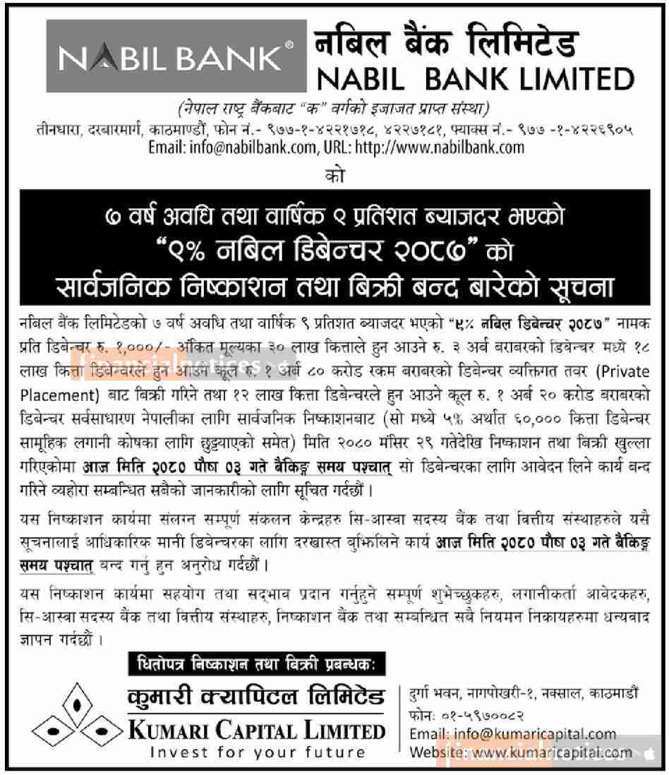 नबिल बैंकको ऋणपत्रमा आवेदन दिने आज अन्तिम दिन सम्बन्धी सूचना Nabil Bank