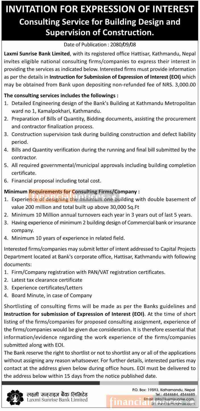 Invitation for Expression of Interest - Laxmi Sunrise Bank Limited