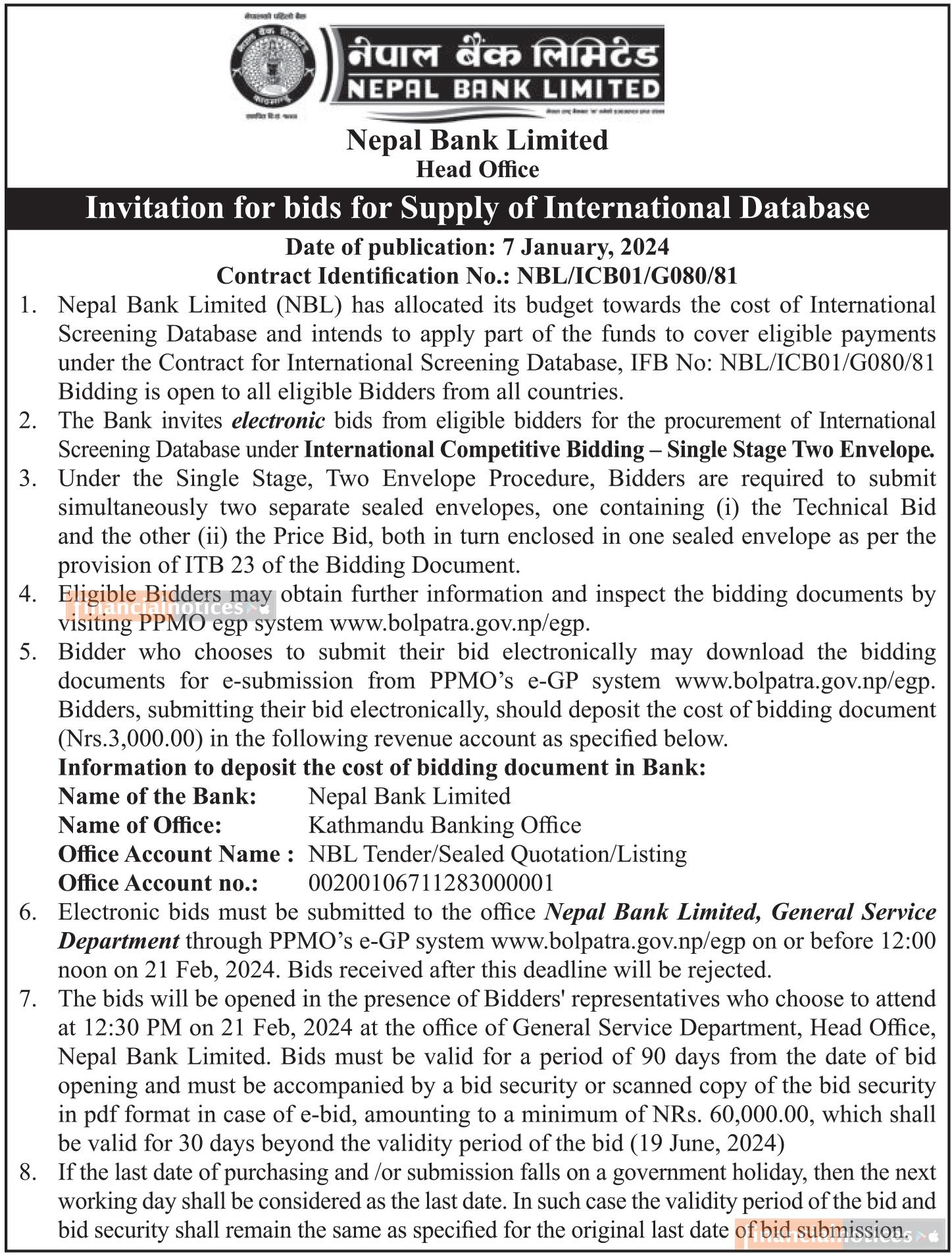 Invitation for Bids for Supply of International Database Nepal Bank Limited