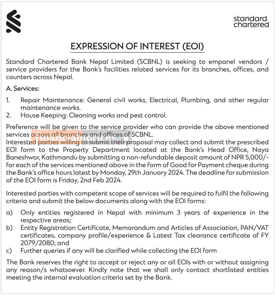 Expression of Interest (EOI) Standard Chartered Bank