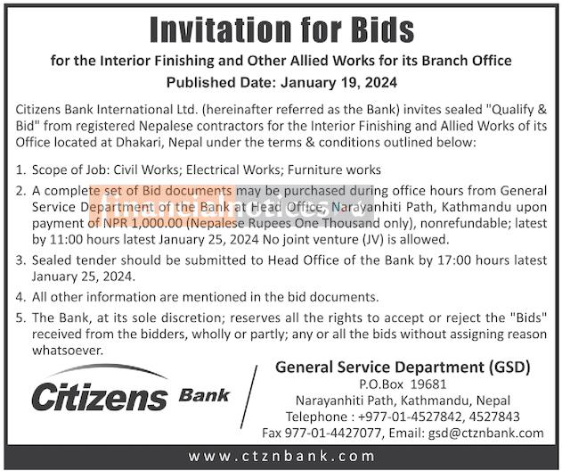 Invitation for Bids Citizens Bank Int'l