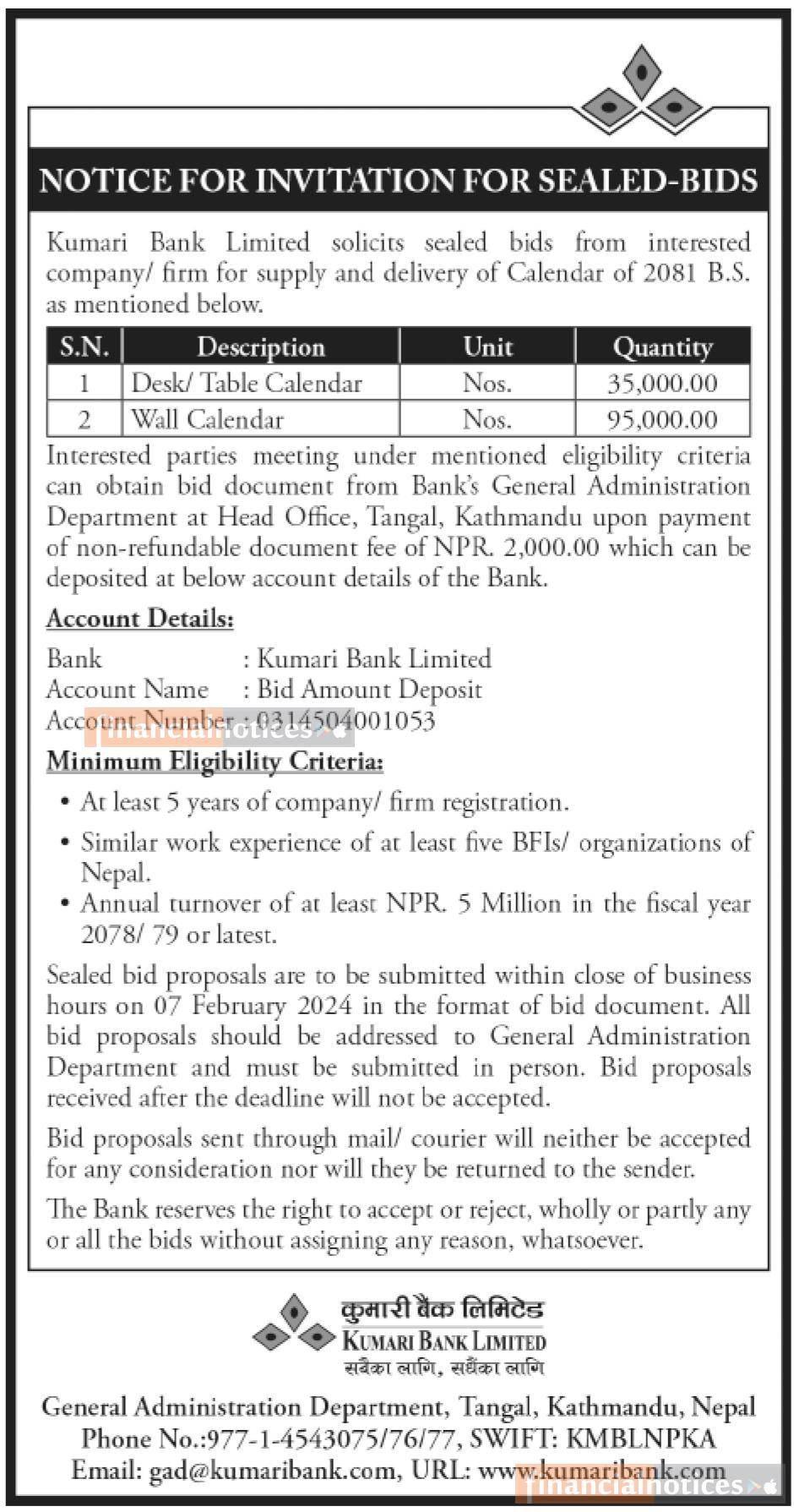Notice for Invitation for Sealed Bid Kumari Bank Ltd (KBL)