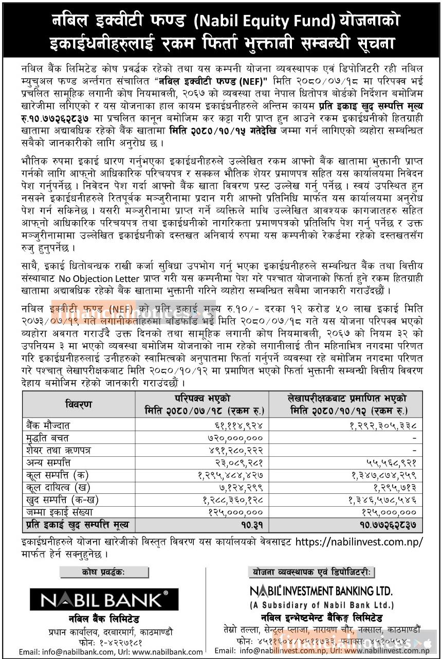 इकाईधनीहरुलाई रकम फिर्ता भुत्तानी सम्बन्धी सूचना Nabil Bank