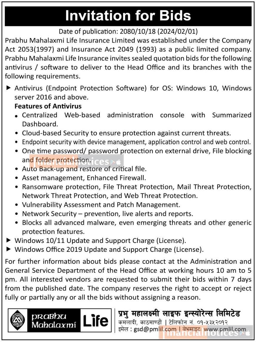 Invitation for Bids Prabhu Mahalaxmi Life Insurance
