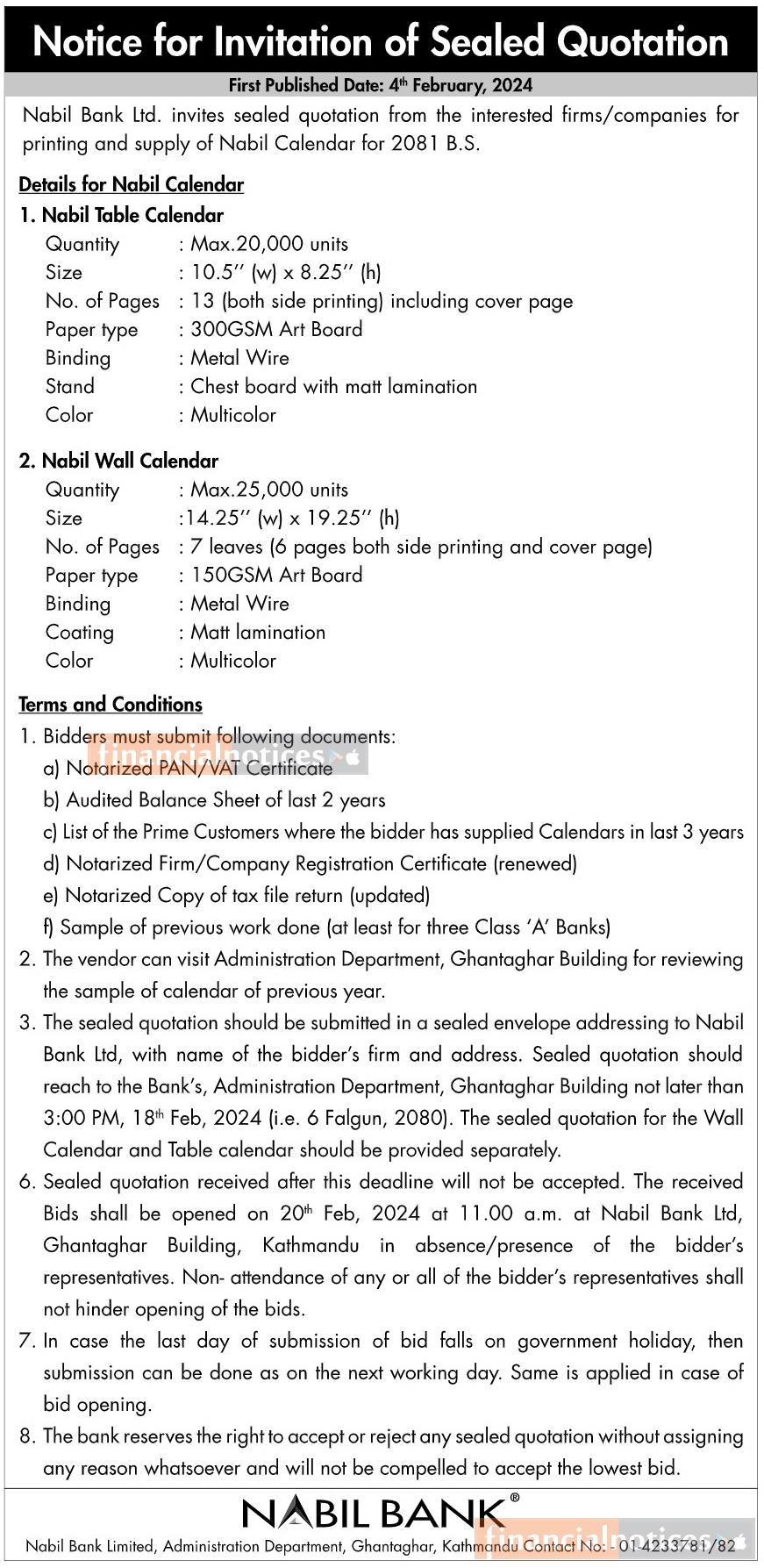 Notice for Invitation of Sealed Quotation Nabil Bank