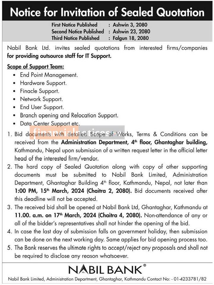 Notice for Invitation of Sealed Quotation Nabil Bank