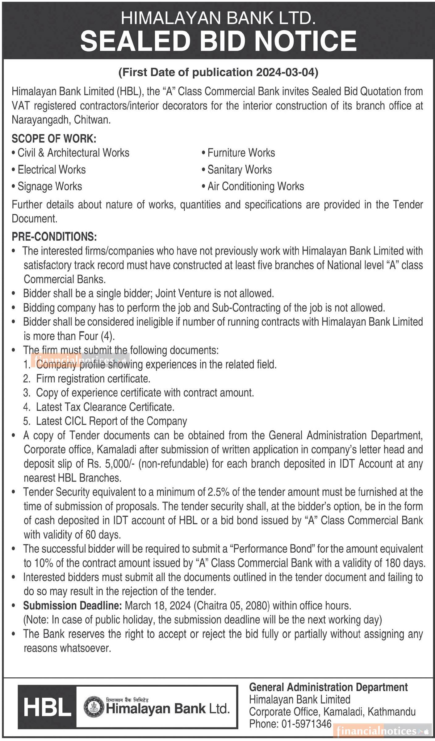 Sealed Bid Notice Himalayan Bank Ltd