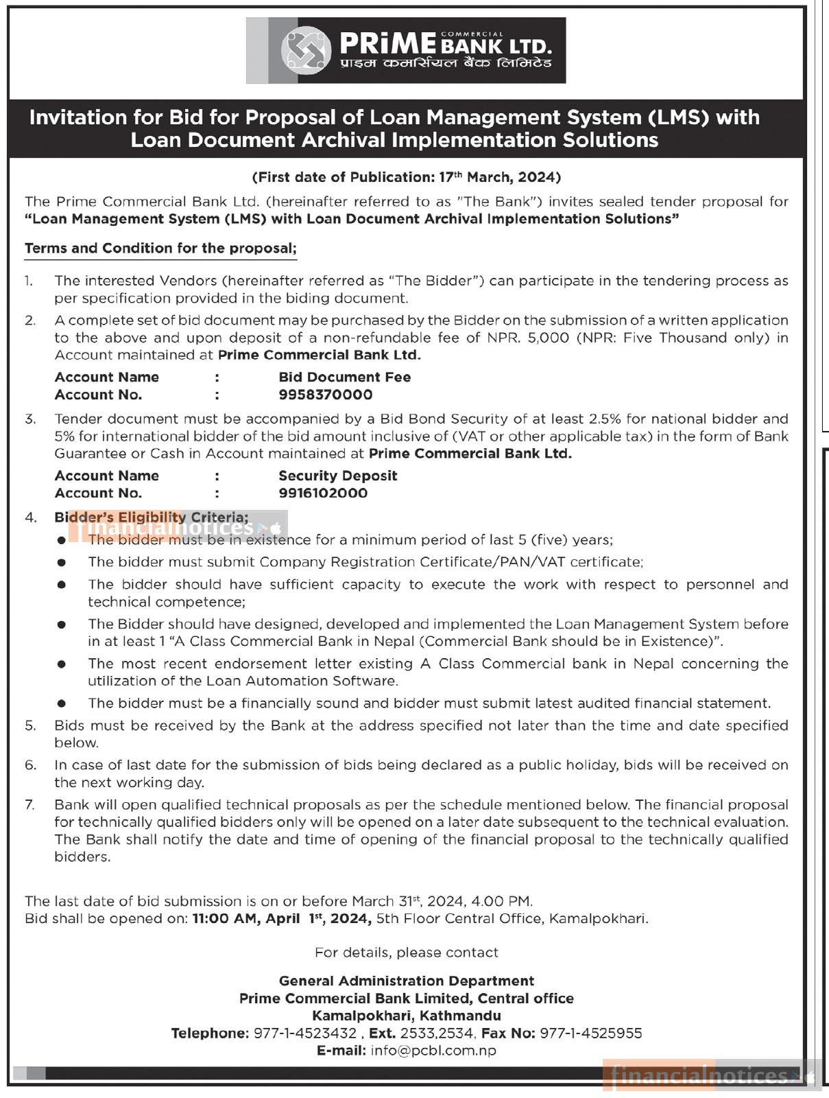 Invitation for bid for proposal of local management system - Prime Bank