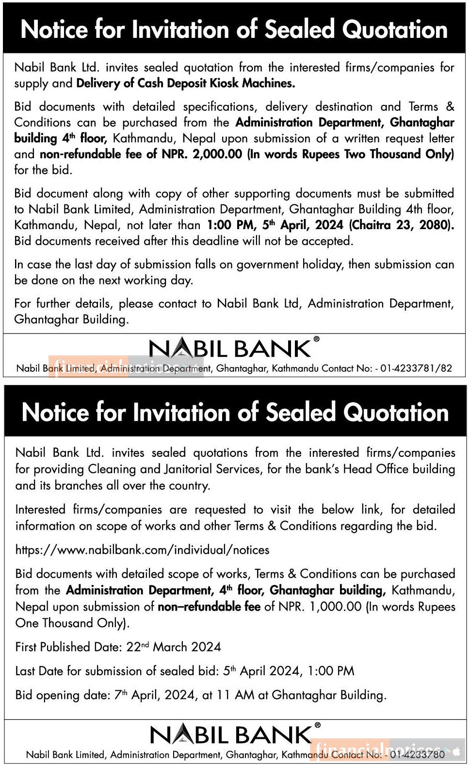 Notice for Invitation of Sealed Quotation Nabil Bank