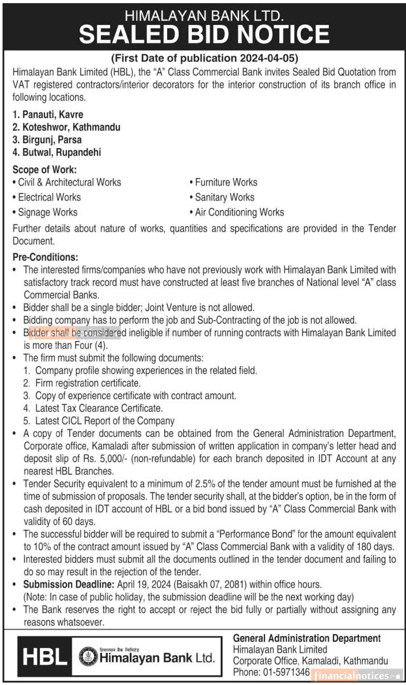 Sealed Bid Notice of Himalayan Bank Limited Himalayan Bank Ltd