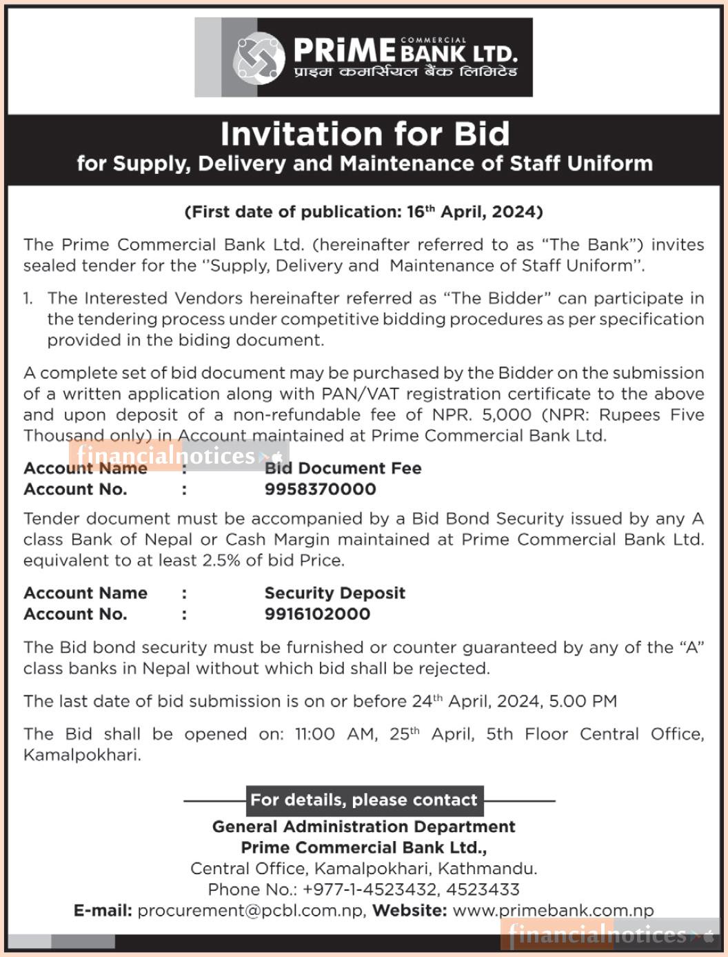 Invitation for Bid Prime Bank