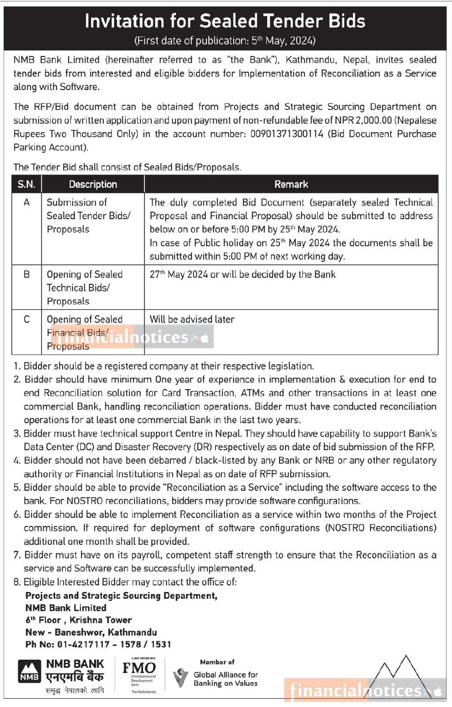 Invitation for Sealed Tender Bids - NMB Bank Limited