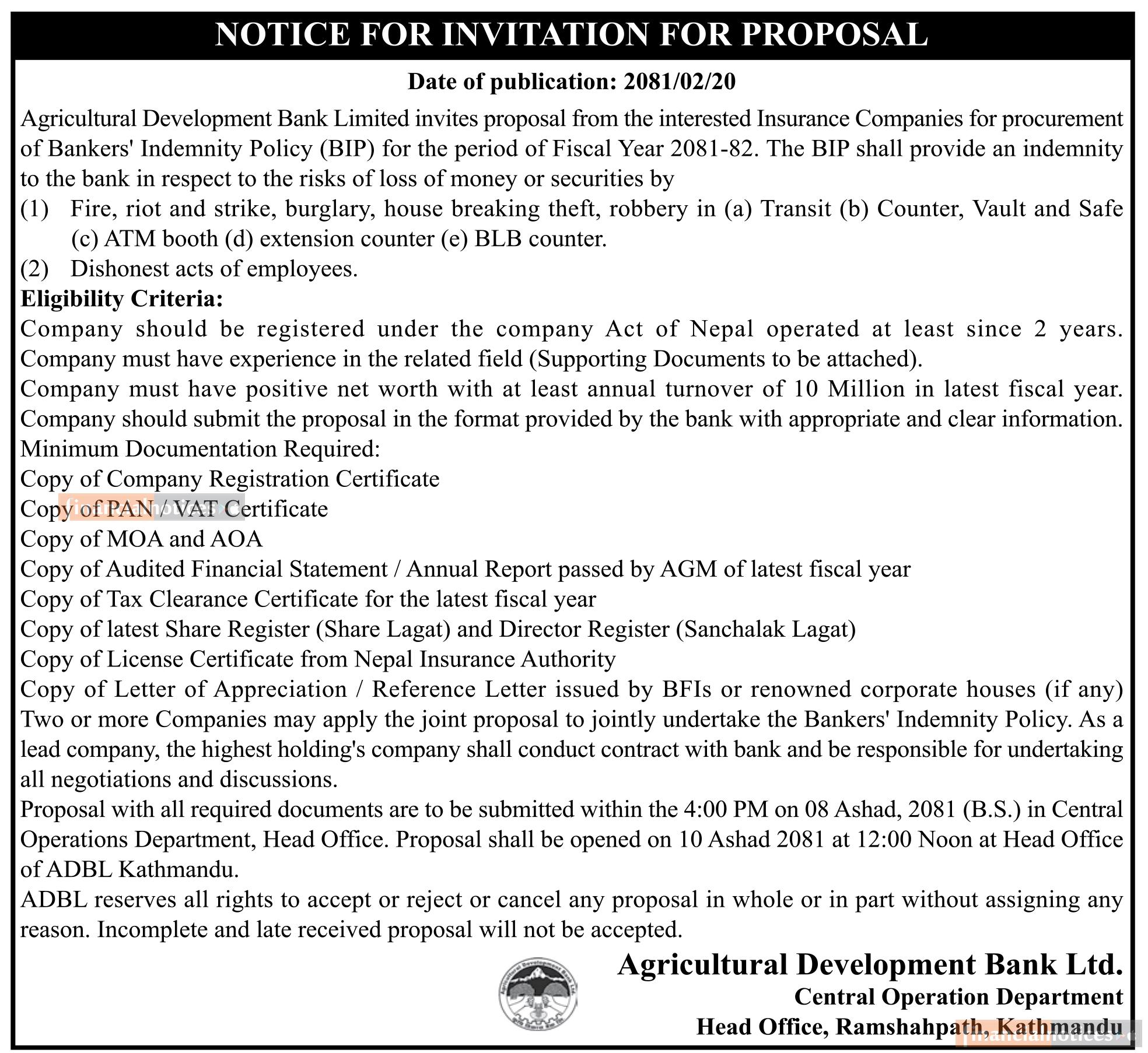 Notice for Invitation for Proposal ADBL