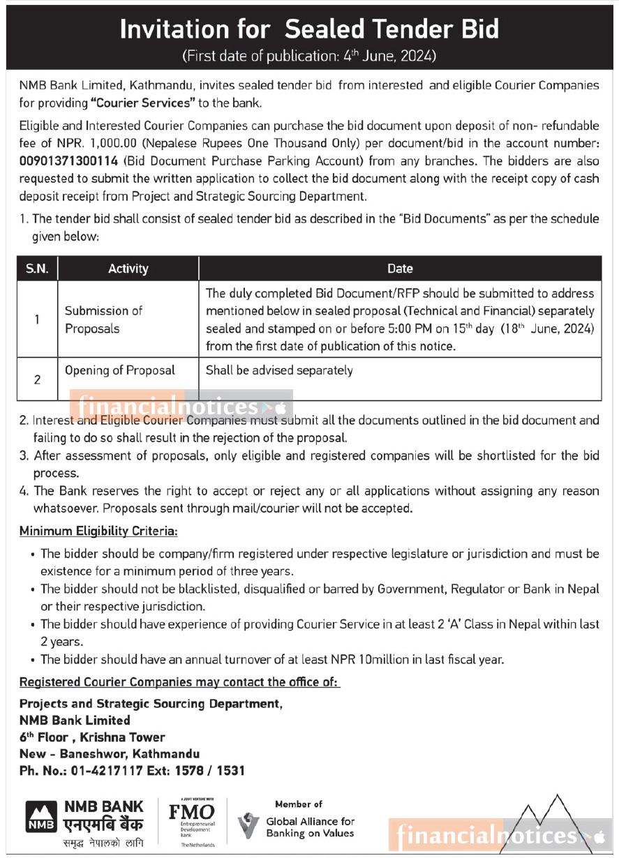 Invitation for Sealed Tender Bids NMB Bank Limited