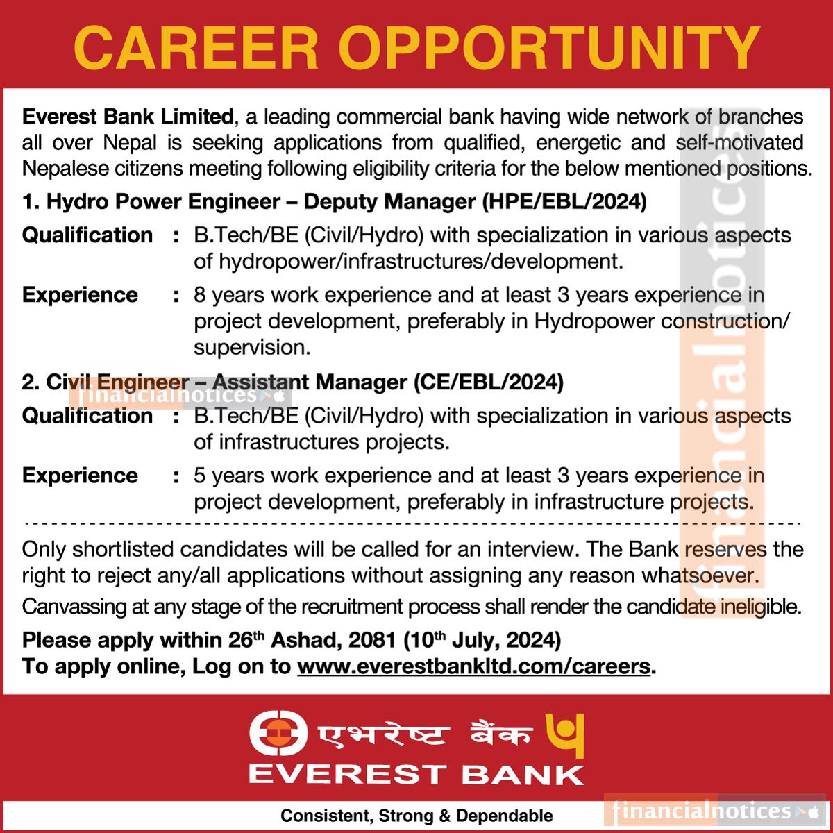 Everest Bank Limited Announces Job Openings for Hydro Power and Civil ...