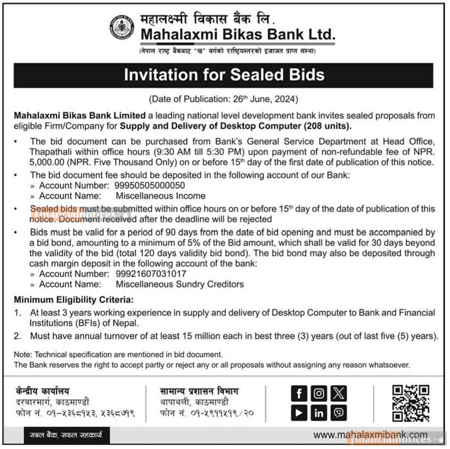 Invitation for sealed bids Mahalaxmi Bikas Bank