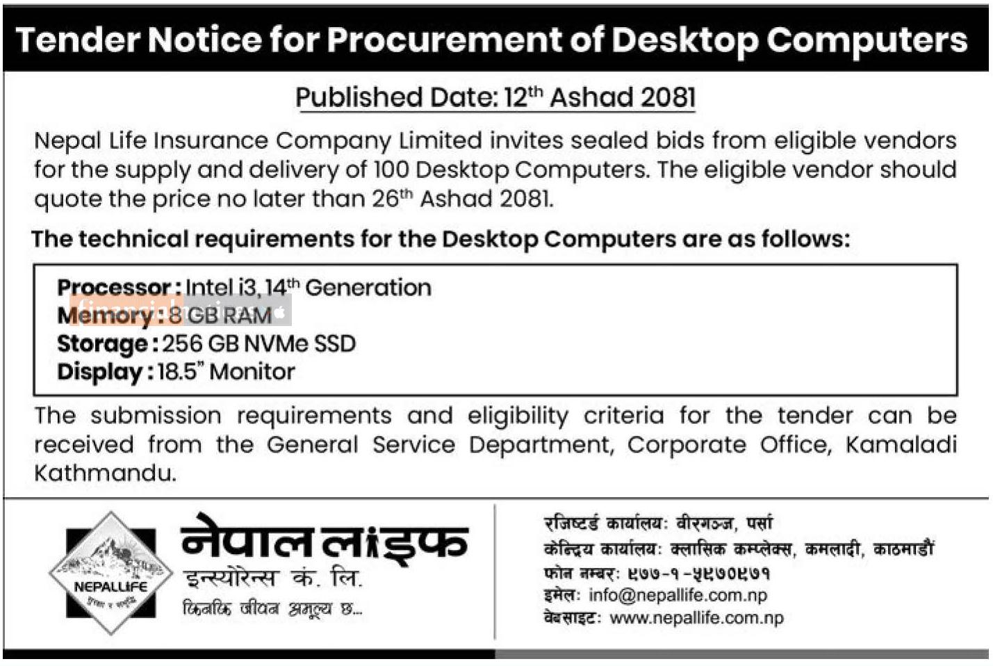 Tender Notice for Procurement of Desktop Computers Nepal Life Insurance