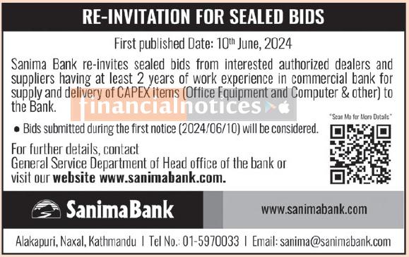 Re-Invitation for Sealed Bids Sanima Bank Limited