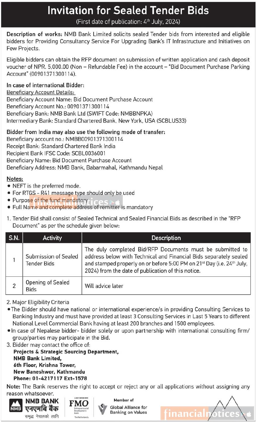 Invitation for Sealed Tender Bids NMB Bank Limited