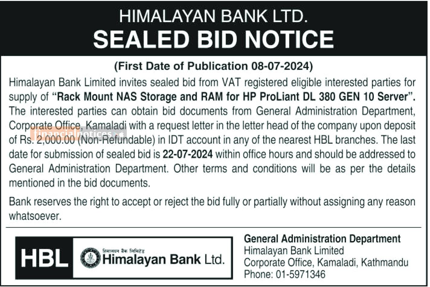 Sealed Bid Notice Himalayan Bank Ltd