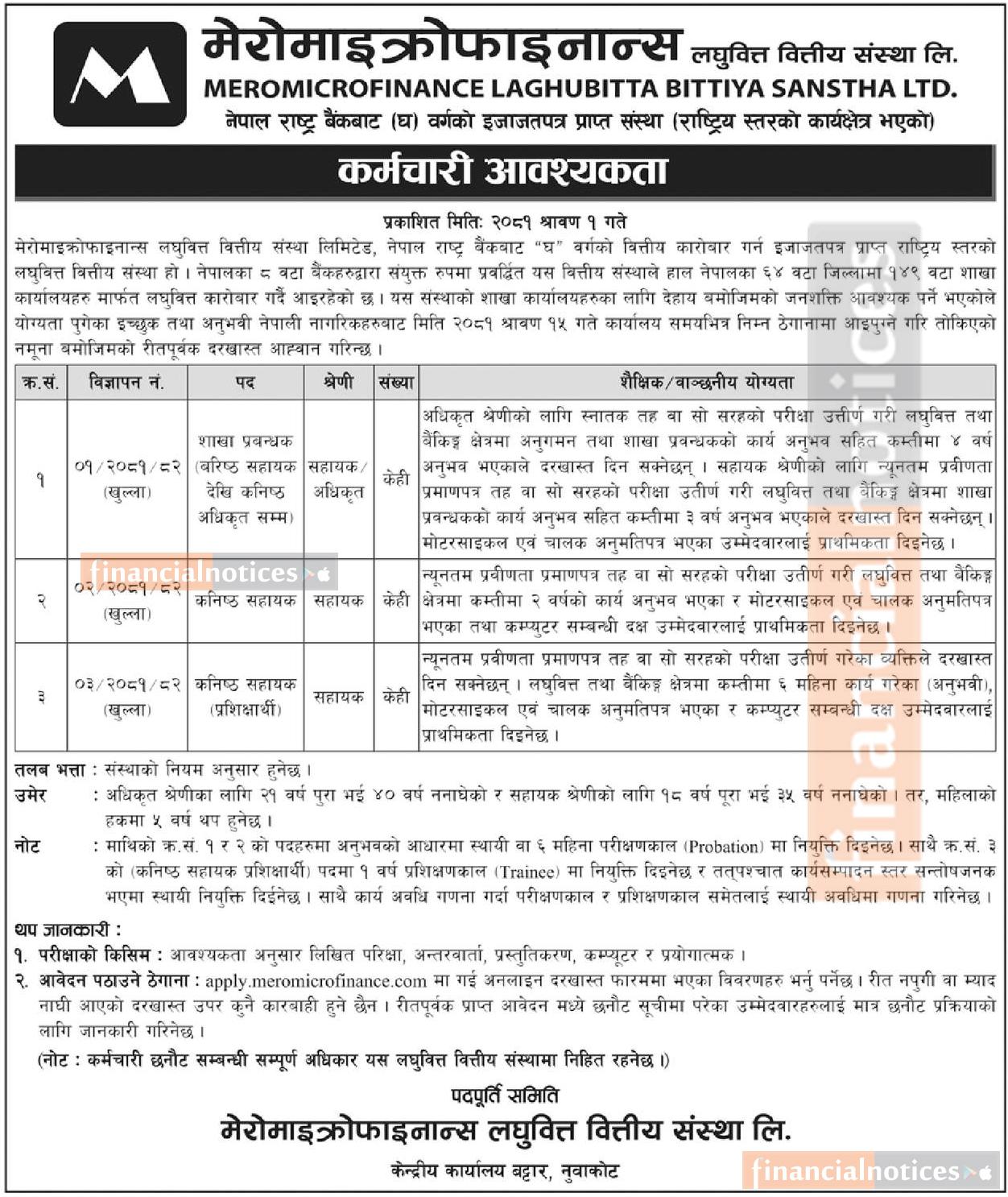 लघुवित्तमा जागिर खुल्यो Mero Microfinance