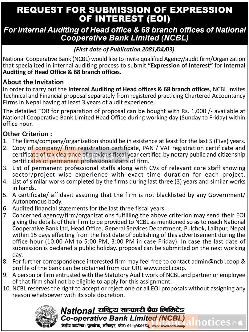 Request for Submission of Expression of Interest (EOI) National Cooperative Bank Ltd