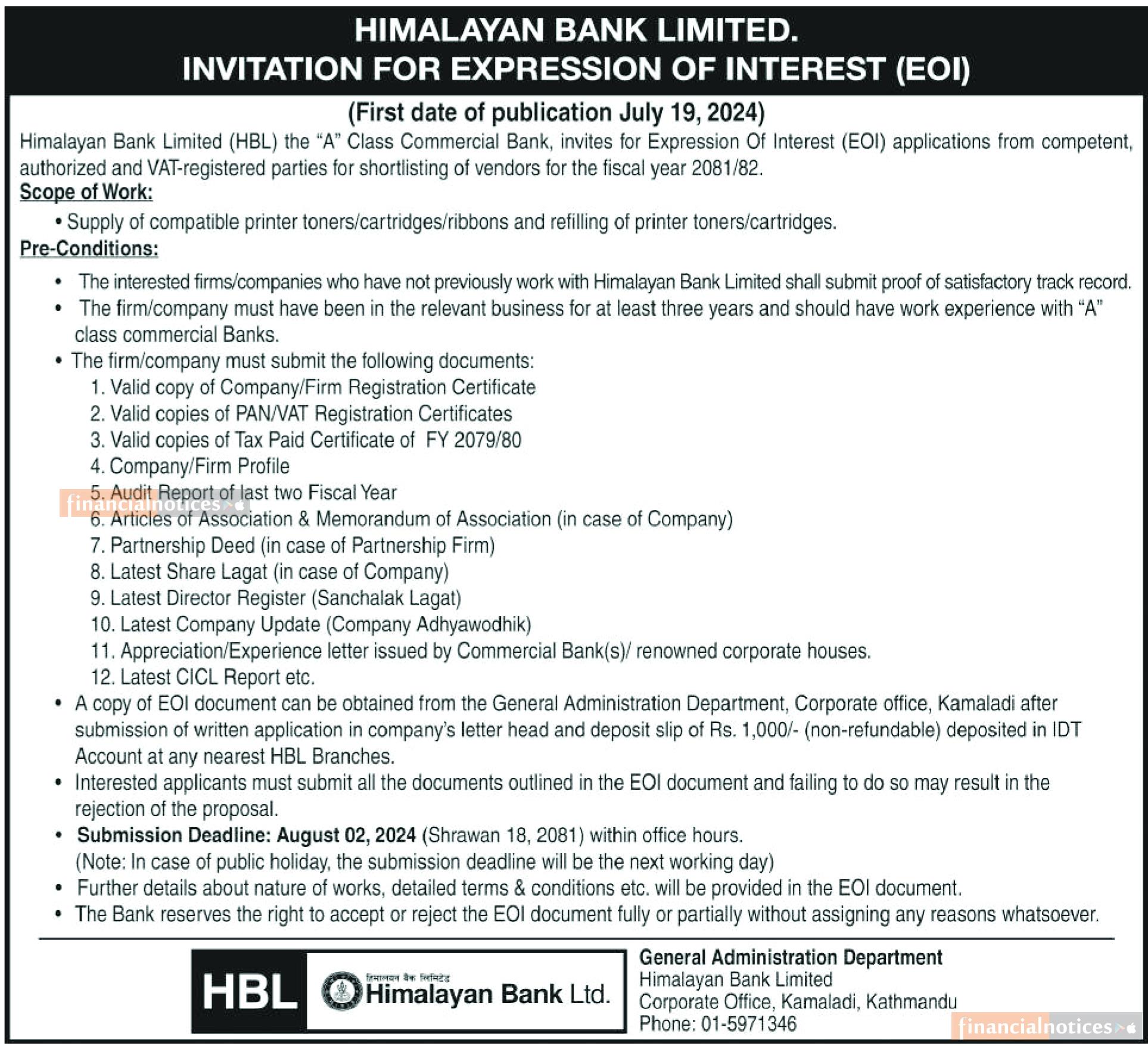 Invitation for Expression of Interest (EOI) Himalayan Bank Ltd