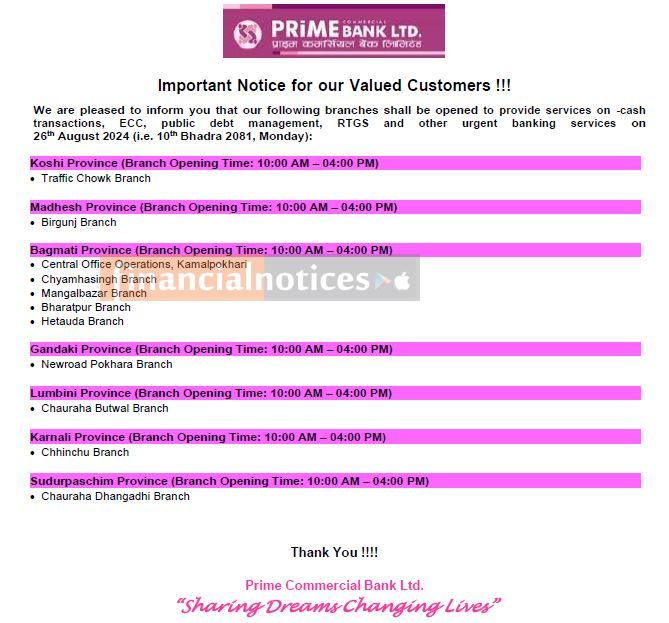 Holiday Banking Hours Notice - Prime Bank