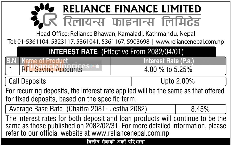 Interest Rate Notice Reliance Finance