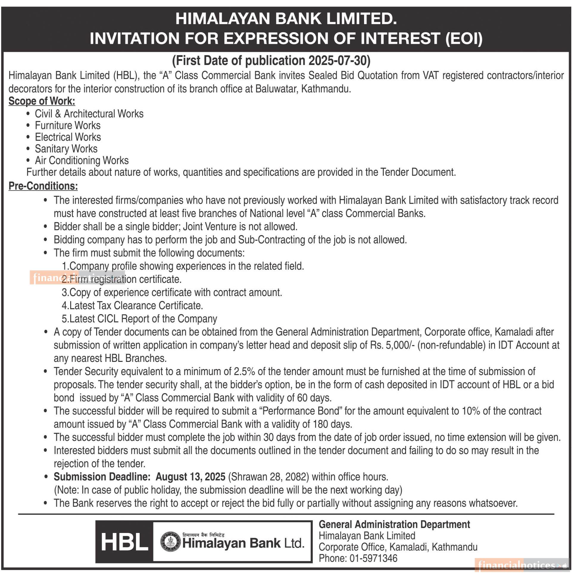 Invitation for Expression of Interest (EOI) Himalayan Bank Ltd