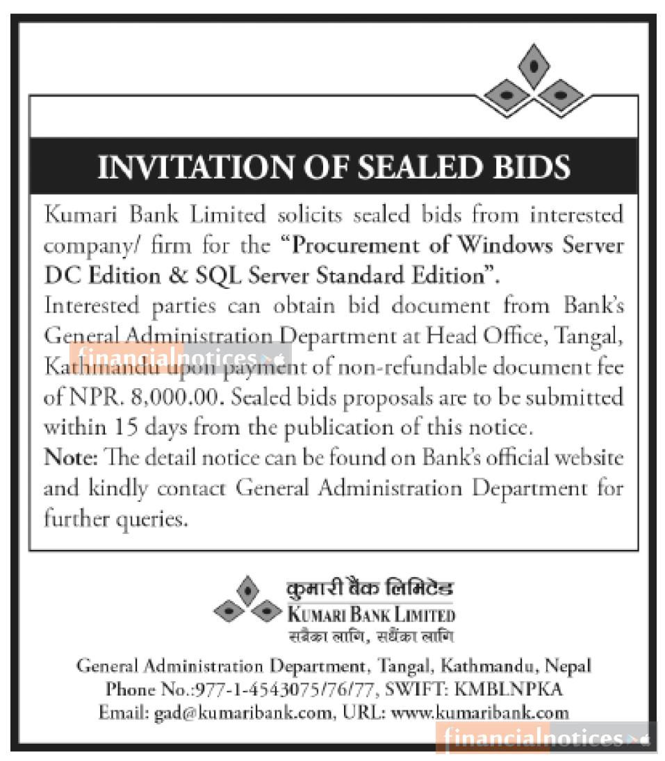 Invitation of Sealed Bids Kumari Bank Ltd (KBL)