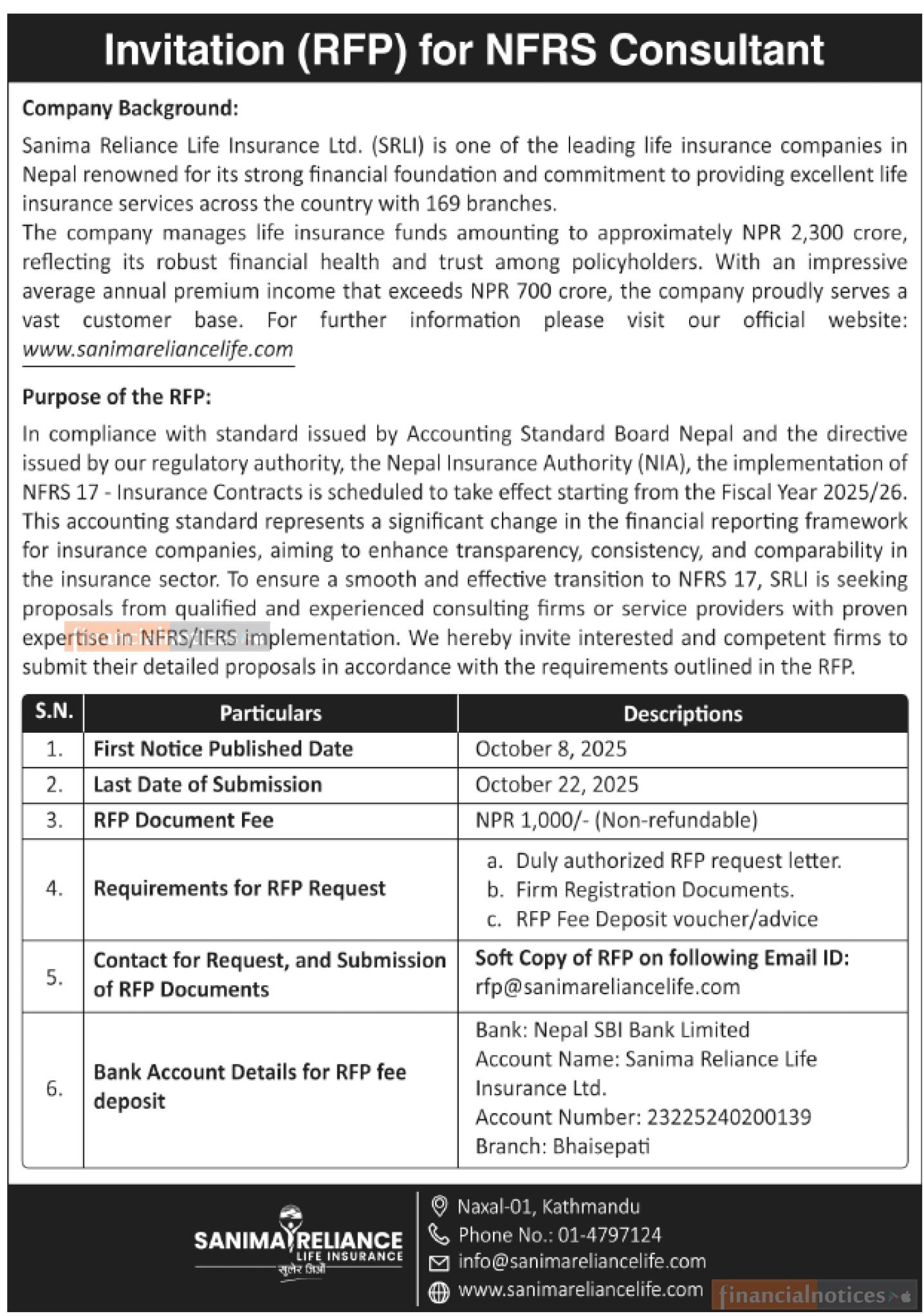 Invitation (RFP) for NFRS Consultant Sanima Reliance Life Insurance