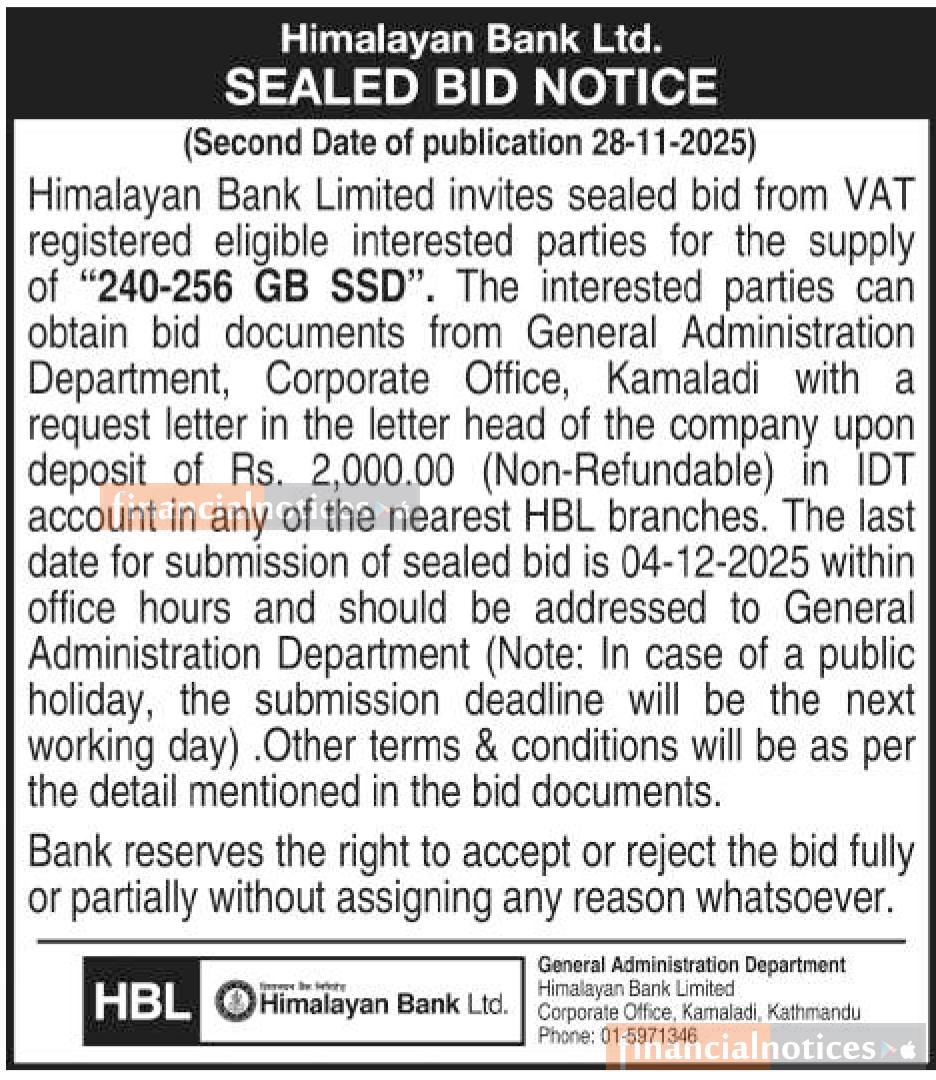 Sealed Bid Notice Himalayan Bank Ltd