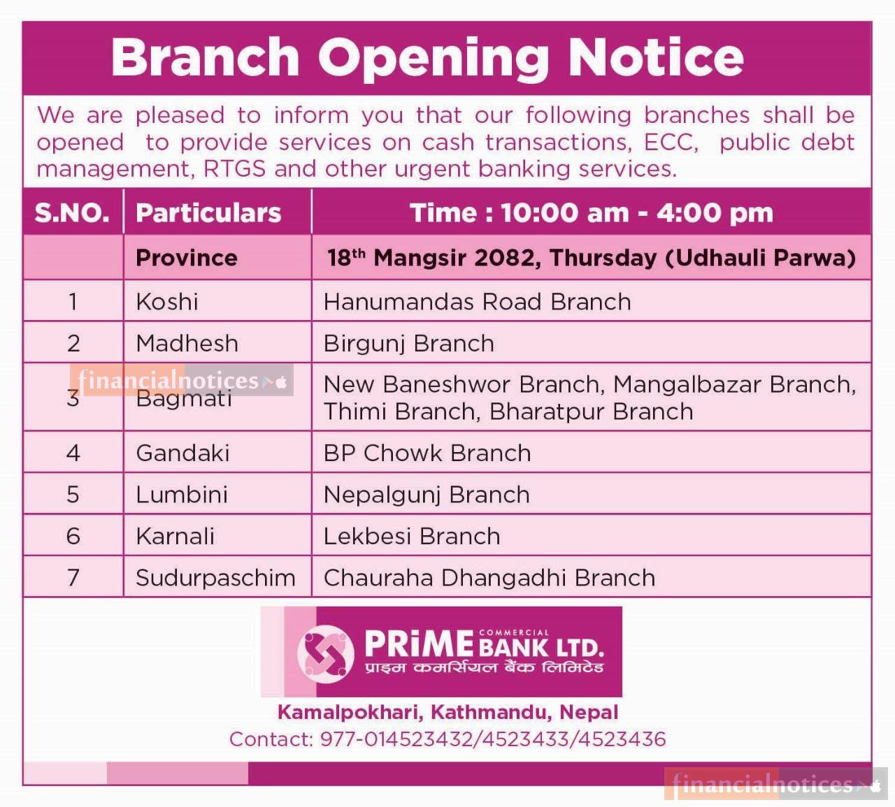 Branch Opening Notice - Prime Bank