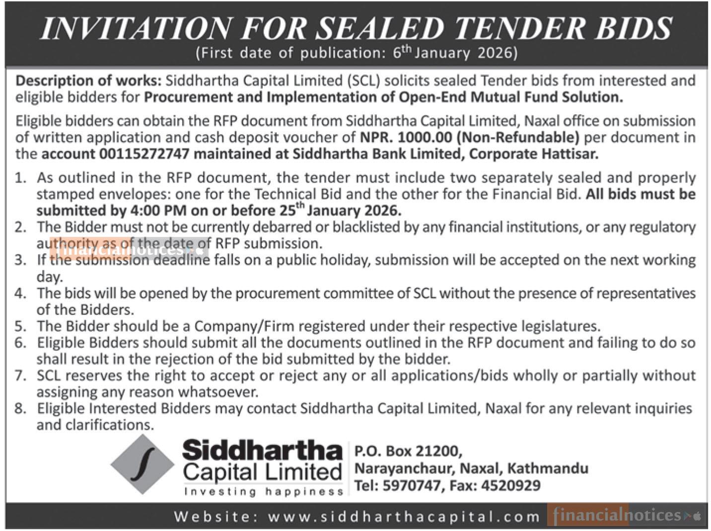 Invitation for Sealed Tender Bids Siddhartha Capital Ltd