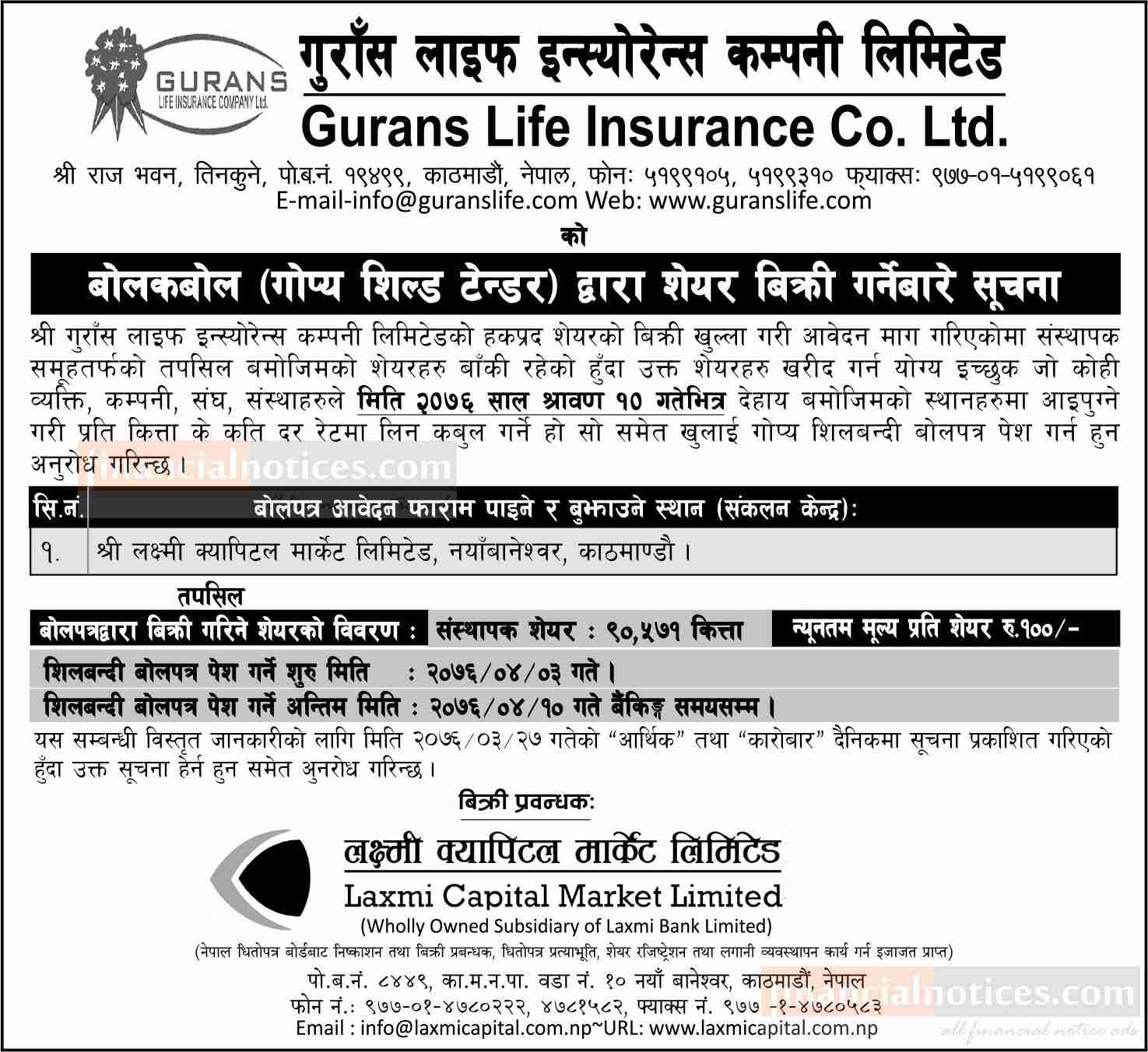 बोल कबोलद्धारा सेयर विक्रिको सूचना Gurans Life Insurance