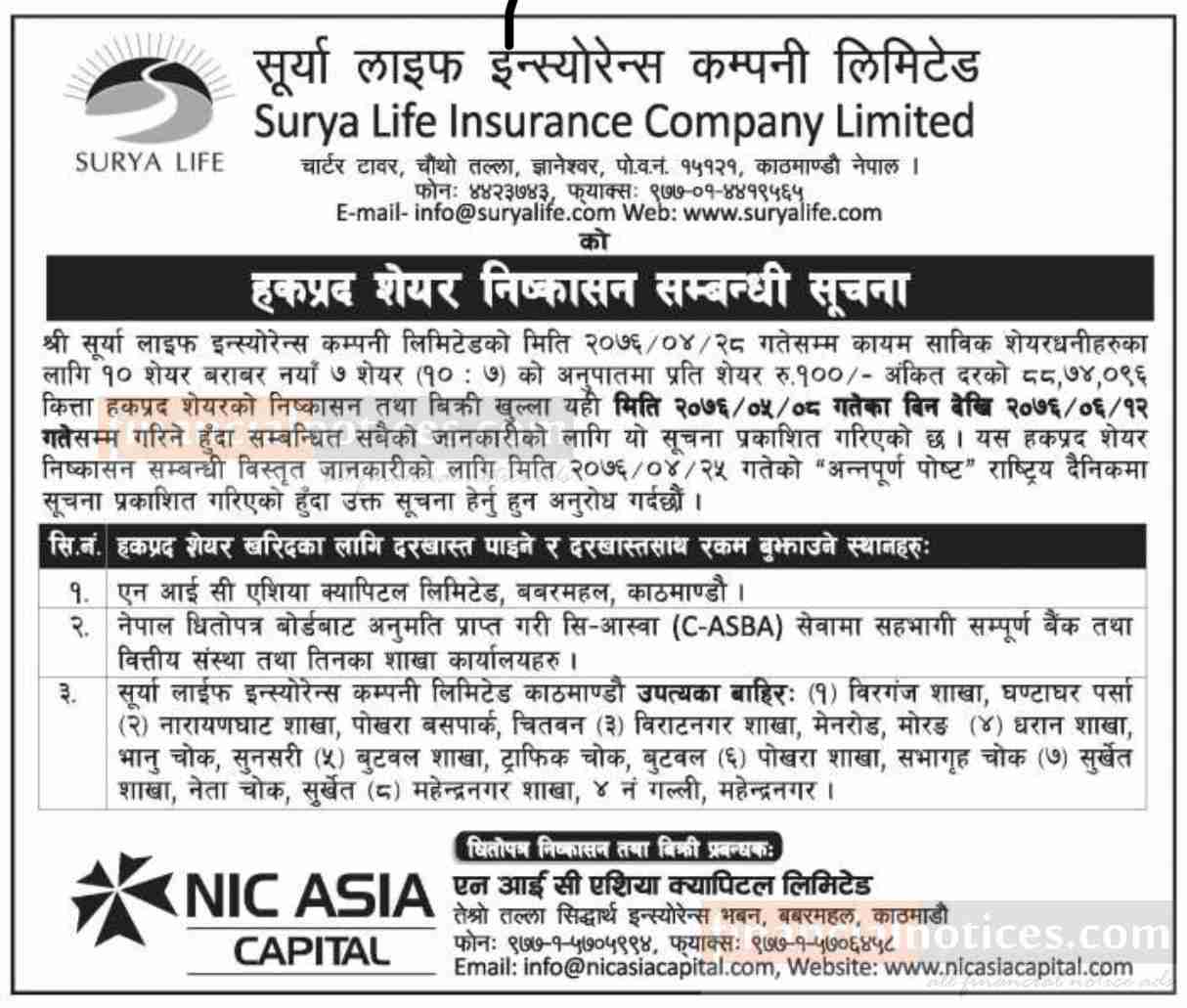 Rights Share Issue Notice SuryaJyoti Life Insurance