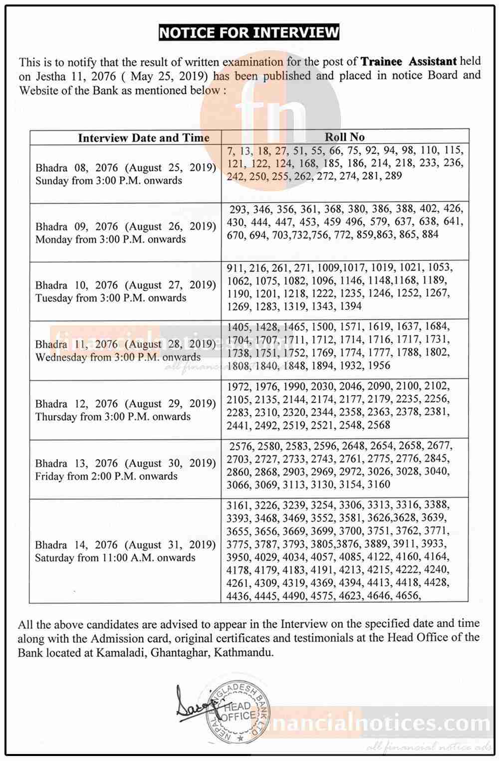 Notice For Interview NB Bank