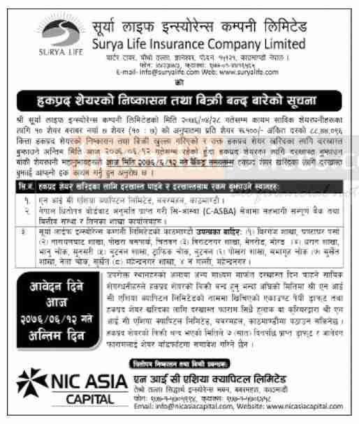 Rights Share Issue Notice SuryaJyoti Life Insurance