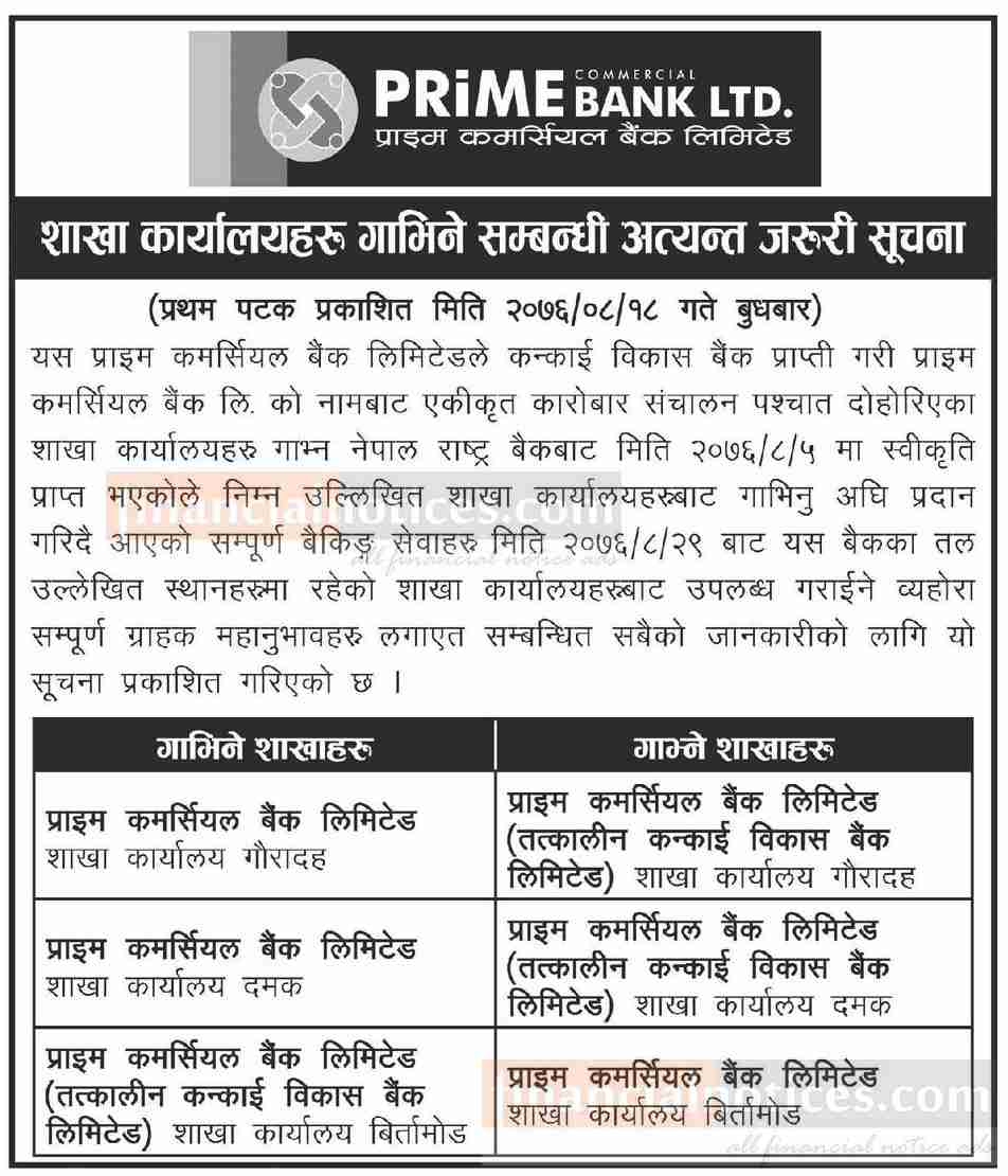 Merger Notice (Branch Office) Prime Bank