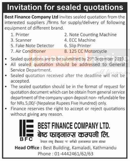 Invitation for Sealed Quotation Best Finance
