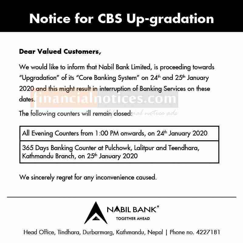 CBS Up-gradation Notice Nabil Bank