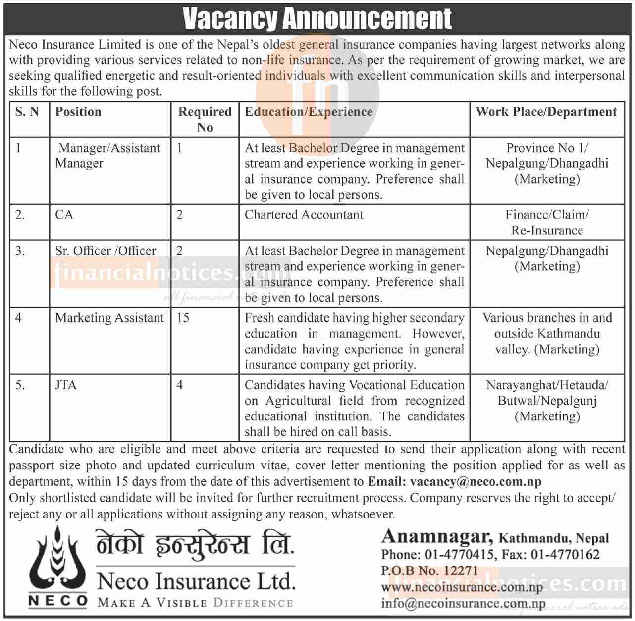 Vancancy Announcement Neco Insurance Ltd.