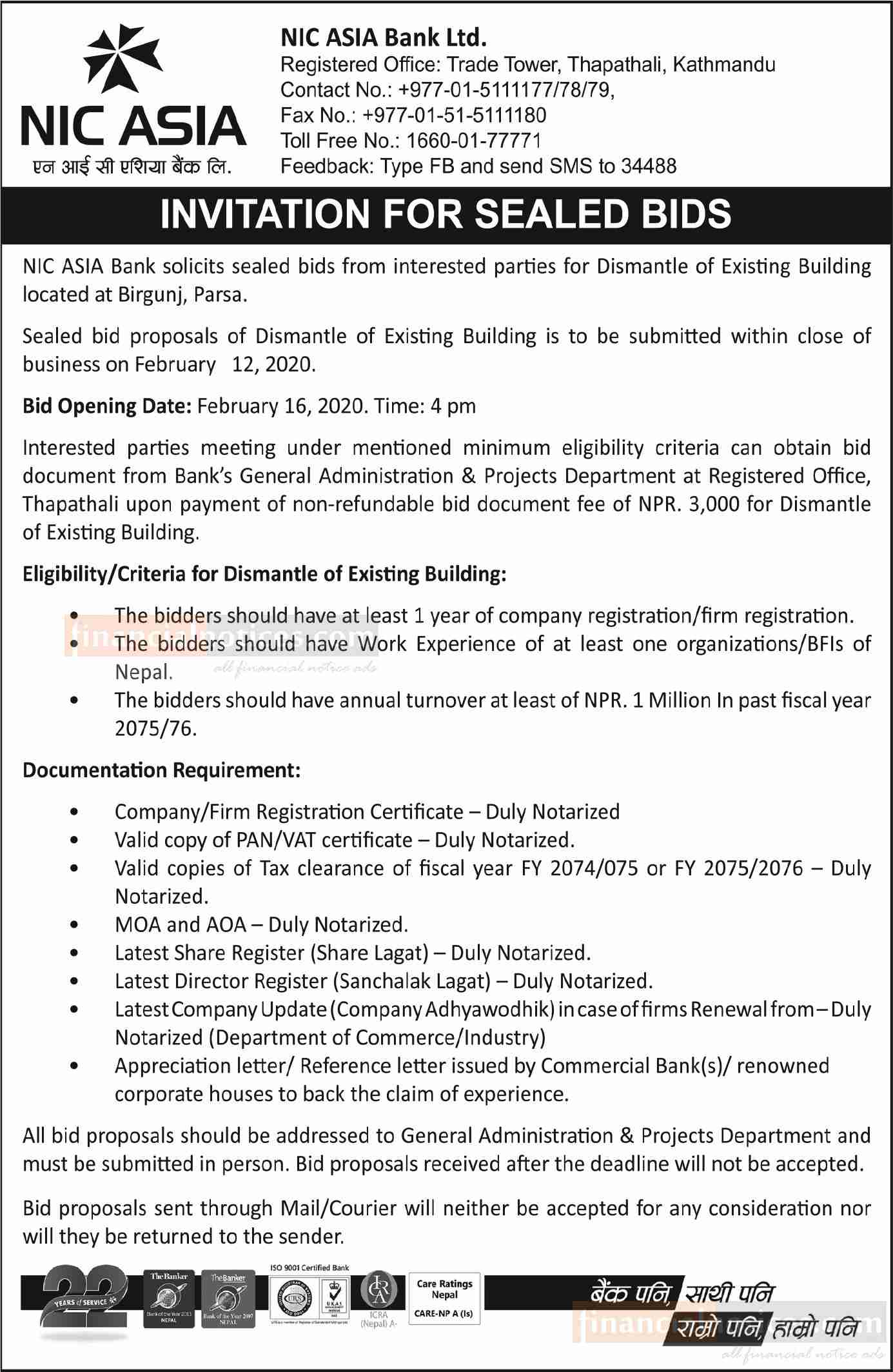 Invitation for Sealed Bids NIC Asia Bank